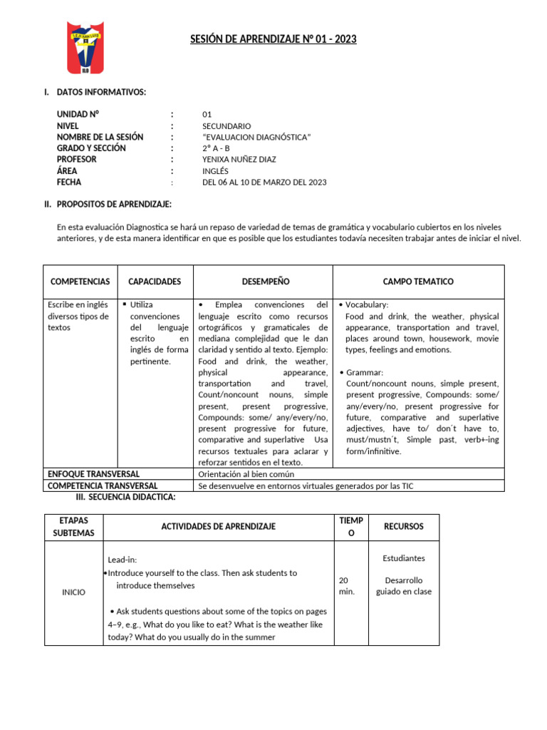 SESION DE APRENDIZAJE 01 SEGUNDO SEC INGLÉS 2023 | PDF