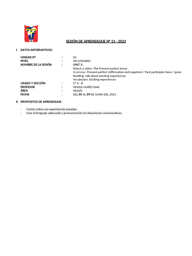 Sesion de Aprendizaje 13 Segundo Sec Inglés 2023 | PDF