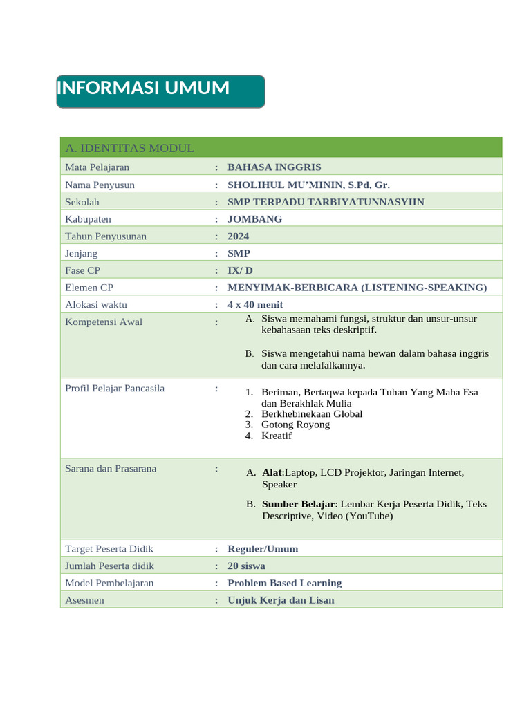 MODUL AJAR Teks Descriptive ANIMAL | PDF