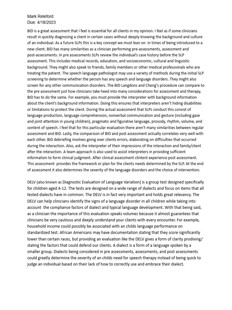 DELV (Diagnostic Evaluation of Language Variation) | PDF