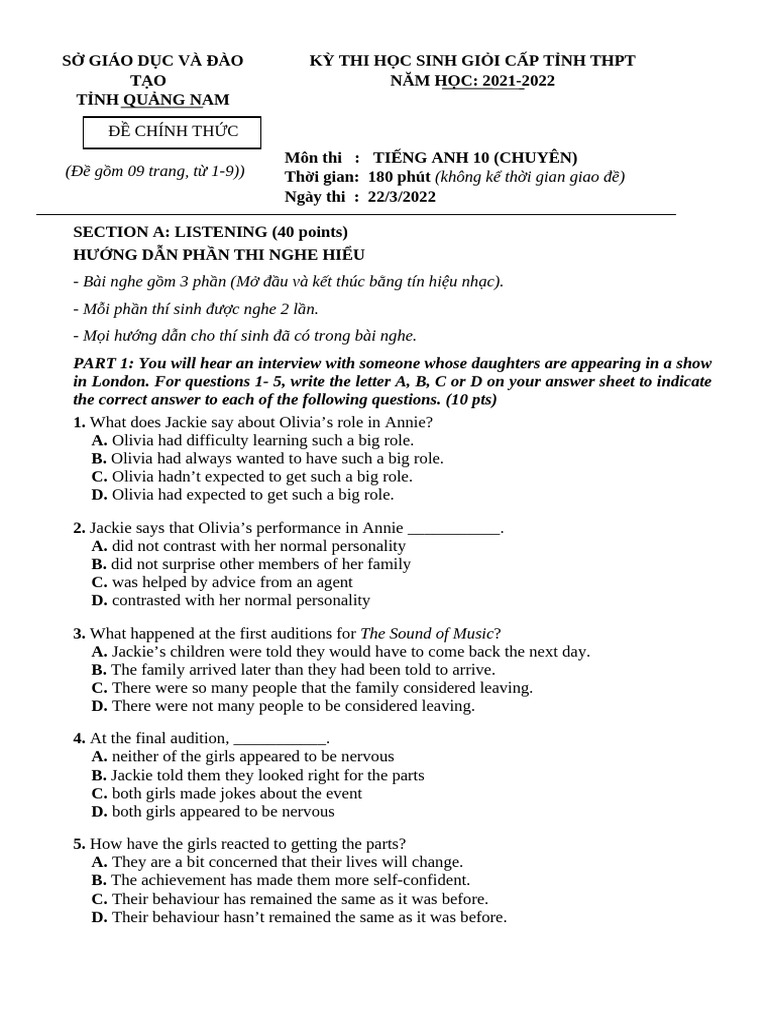 Thuvienhoclieu.com de Thi HSG Anh 10 Chuyen Quang Nam 21 22 | PDF