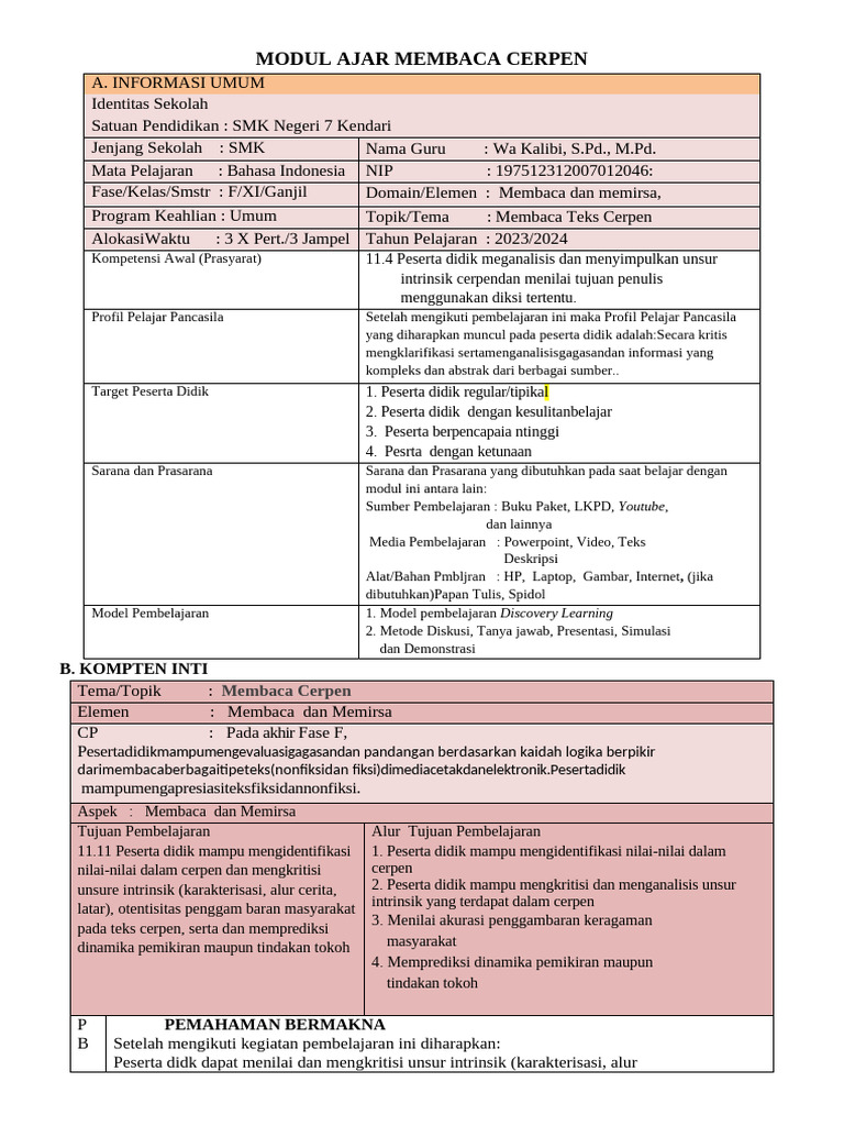 Modul Ajar Membaca Cerpen Xi SMT Ganjil | PDF | Career & Growth | Language Arts & Discipline