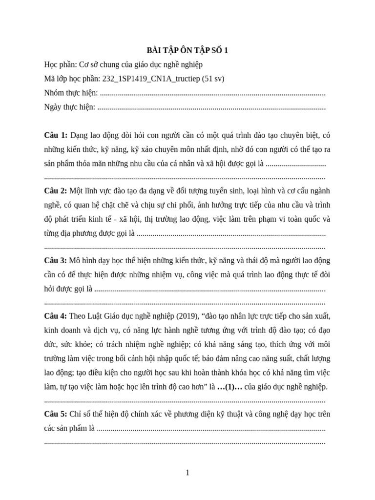 BÀI TẬP ÔN TẬP SỐ 1 - SV | PDF