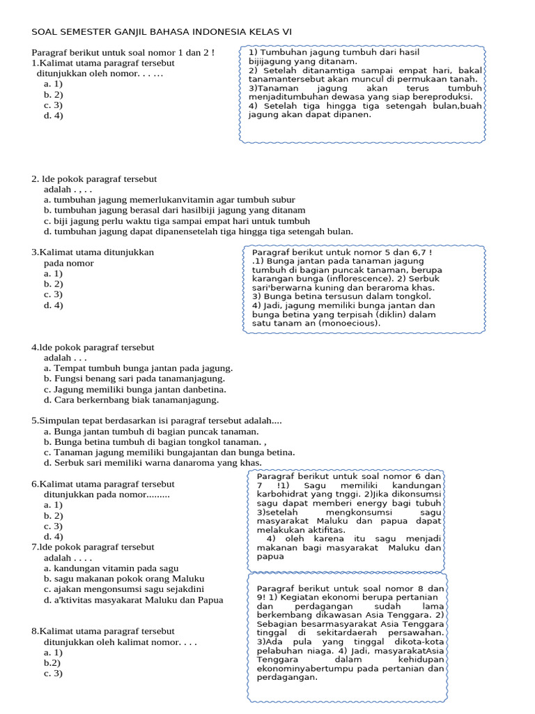Soal Semester Ganjil Bahasa Indonesia Kelas Vi | PDF