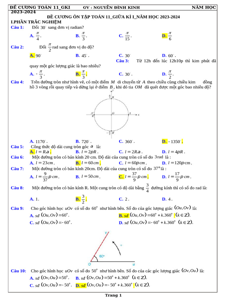 Đe Cuong Toan 11 - Gki - 23 24 Đáp Án | PDF