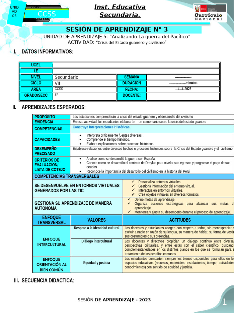 Sesión 03 - CC - Ss. 4° Sec - Sem. 3 - Uni 5 | PDF | Aprendizaje | Enseñando