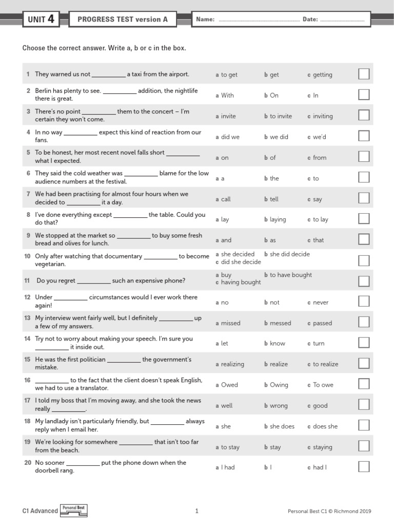 PB BrE C1 Unit Test U4 Version A | PDF
