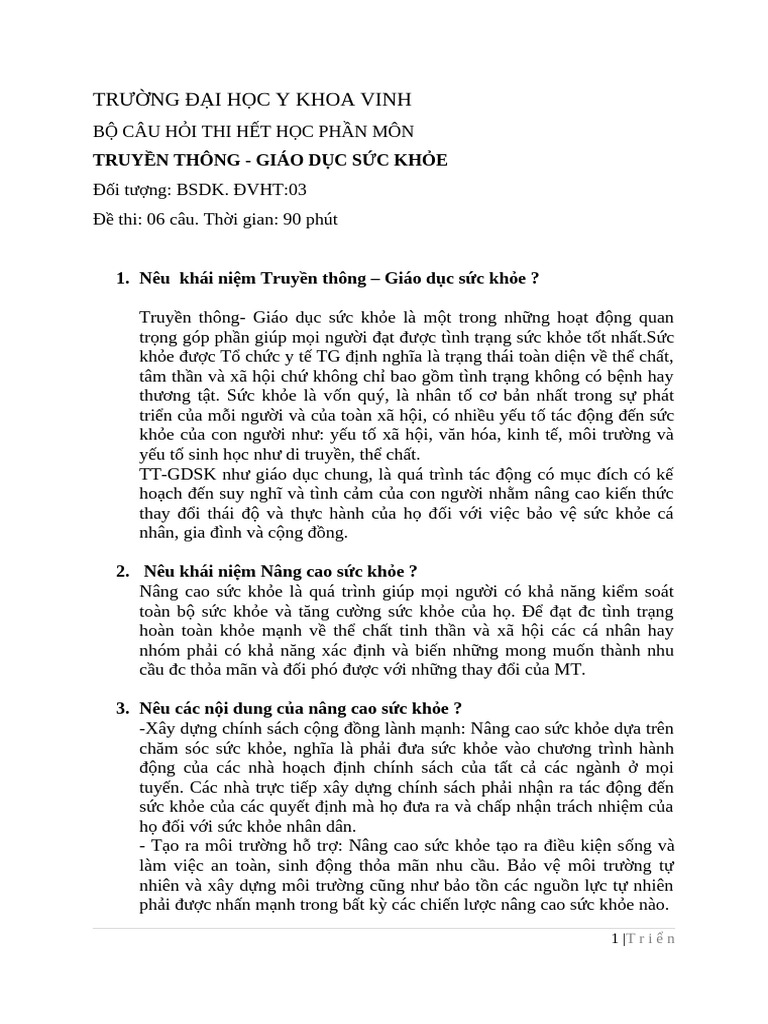 Câu hỏi ôn tập TT- GDSK | PDF