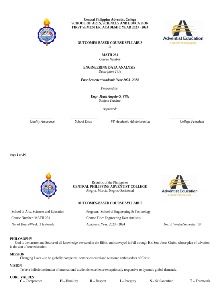 Syllabus-MATH-281-ENGINEERING-DATA-ANALYSIS | PDF