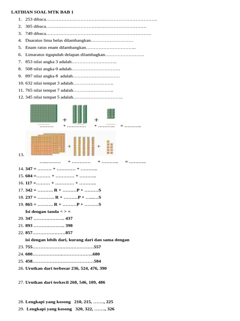 LATIHAN SOAL MTK BAB 1.2 Kelas 3 | PDF