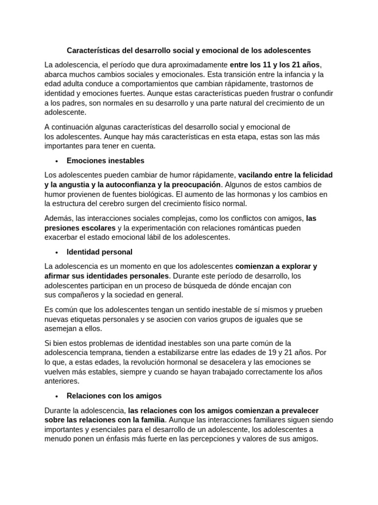 adolescente y su desarrollo social y emocional | PDF