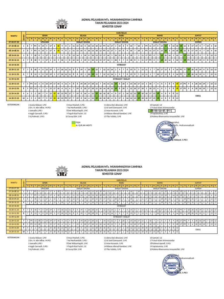 Jadwal Pelajaran 2023-2024 SMT Genap Revisi | PDF