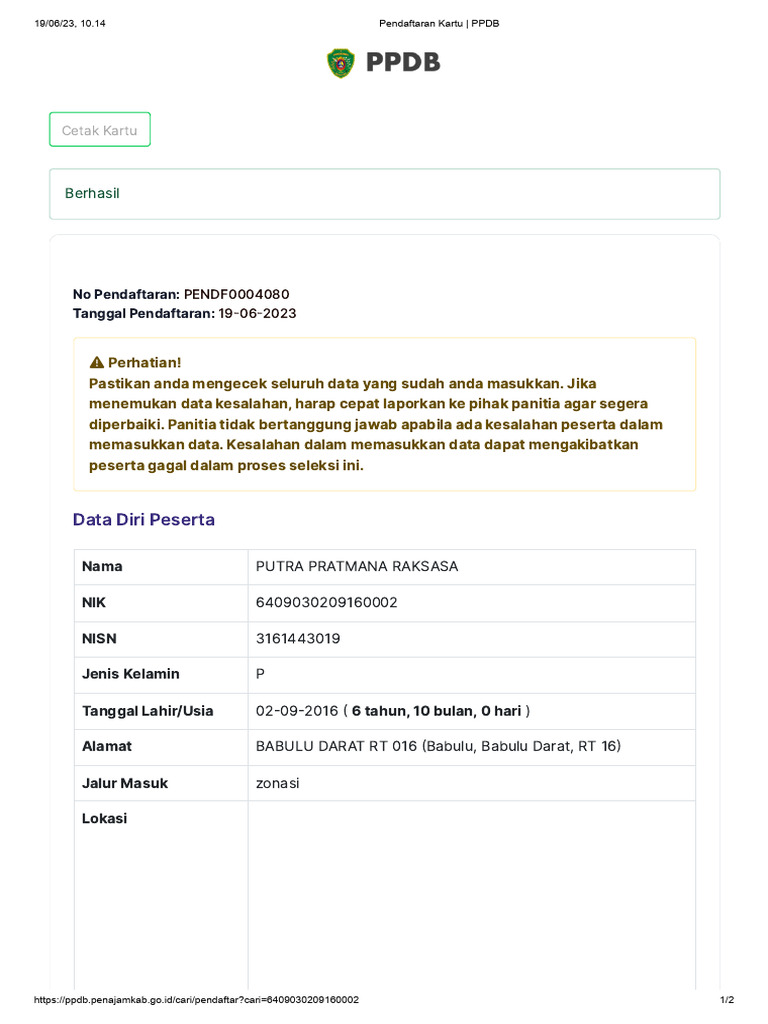 Pendaftaran Kartu - PPDB PUTRA | PDF