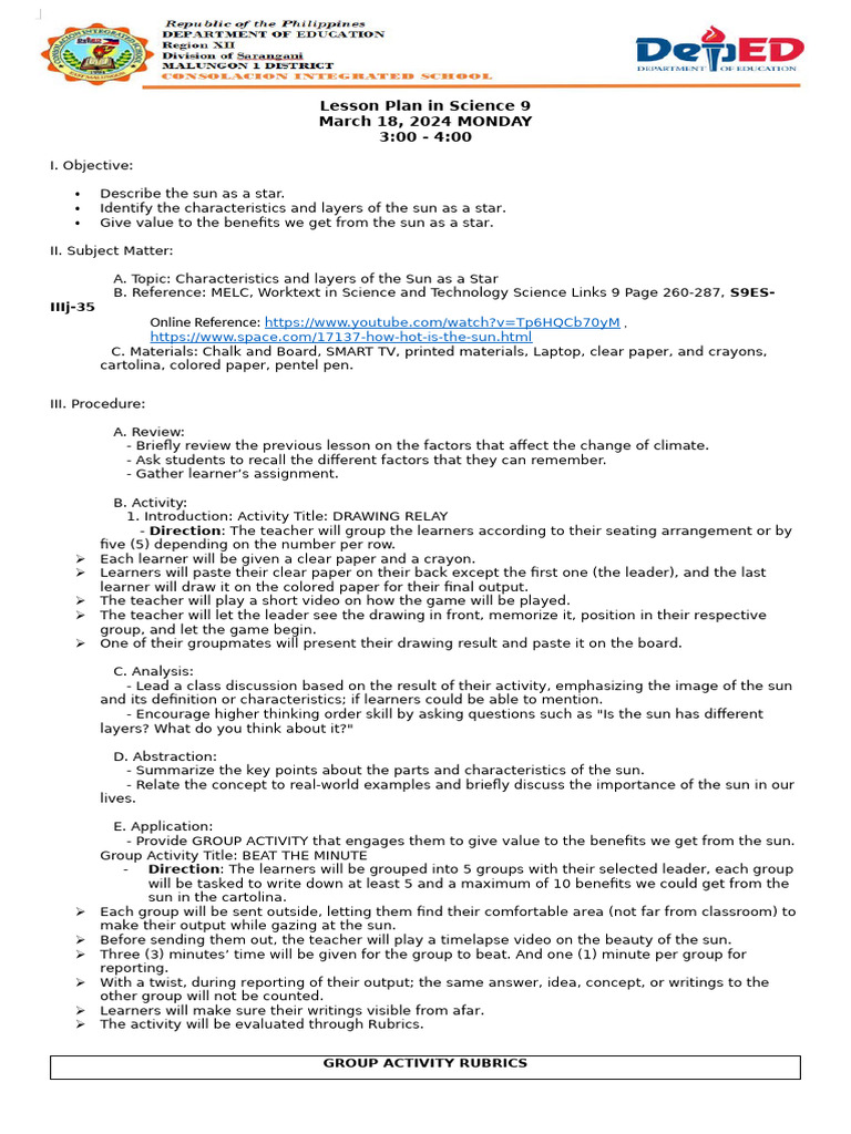 Science 9 Lesson Plan: The Sun as a Star | PDF | Sun | Stars