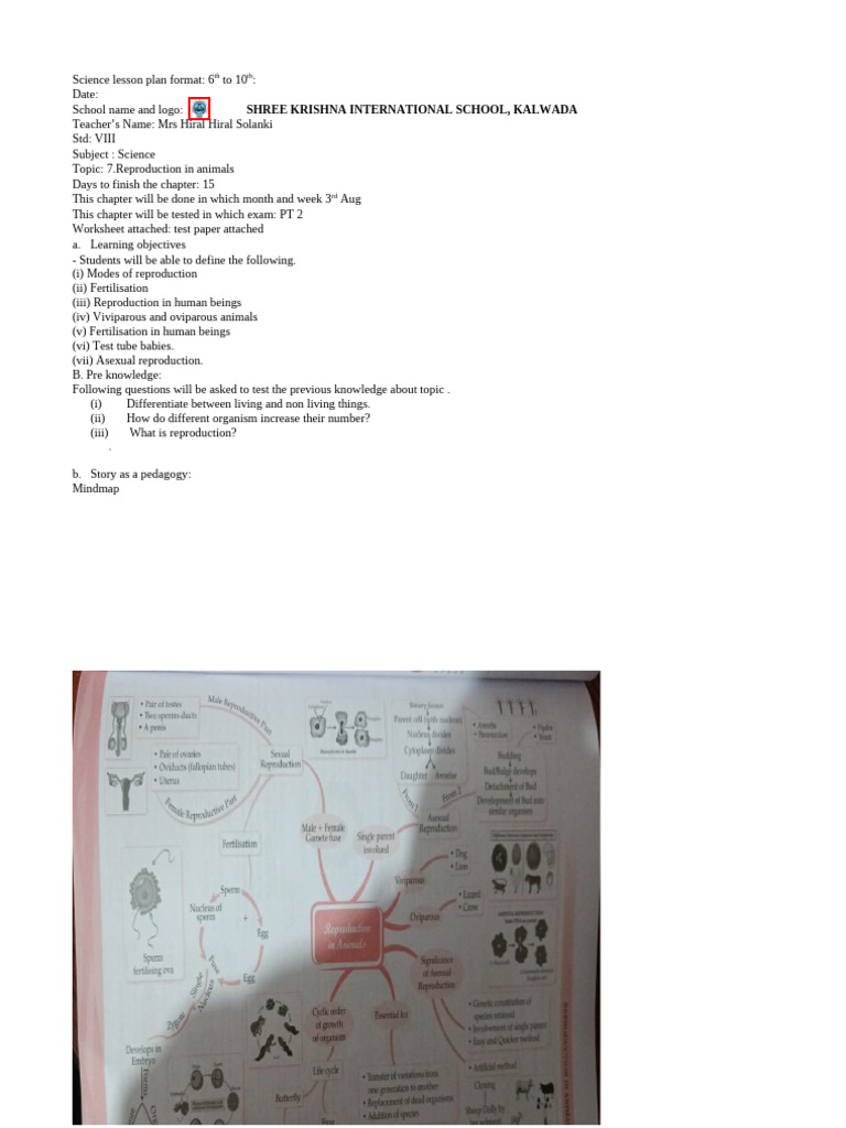 Lesson Plan Class 8 CH 6 Reproduction in Animal | PDF