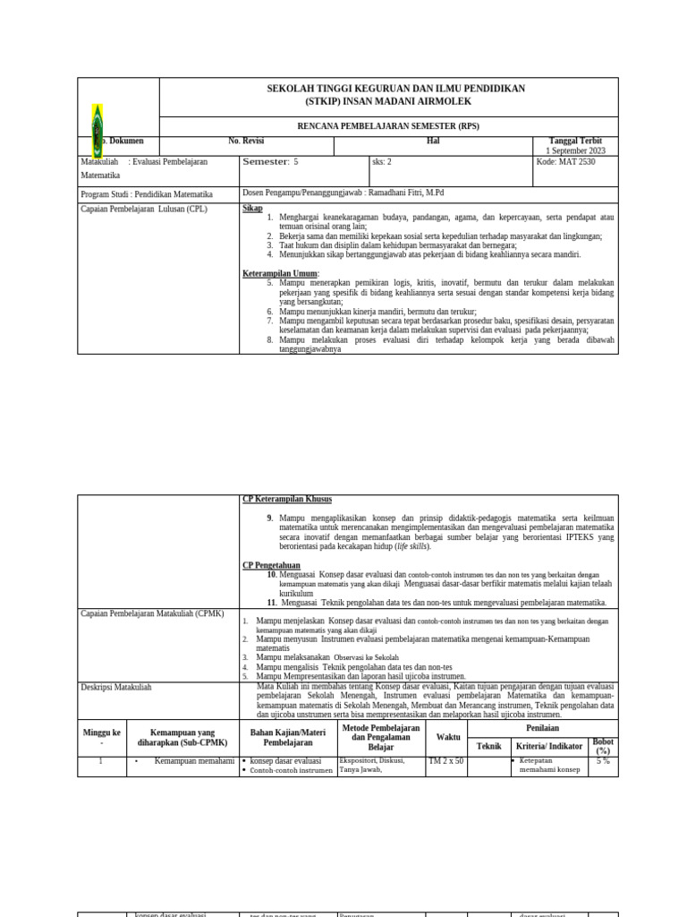 RPS Evaluasi Pemb Mat | PDF