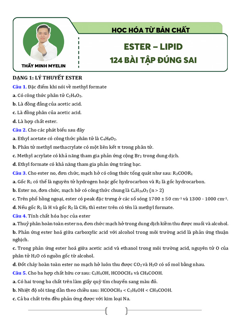124 Bài Tập Đúng Sai Chương Ester - Lipid | PDF