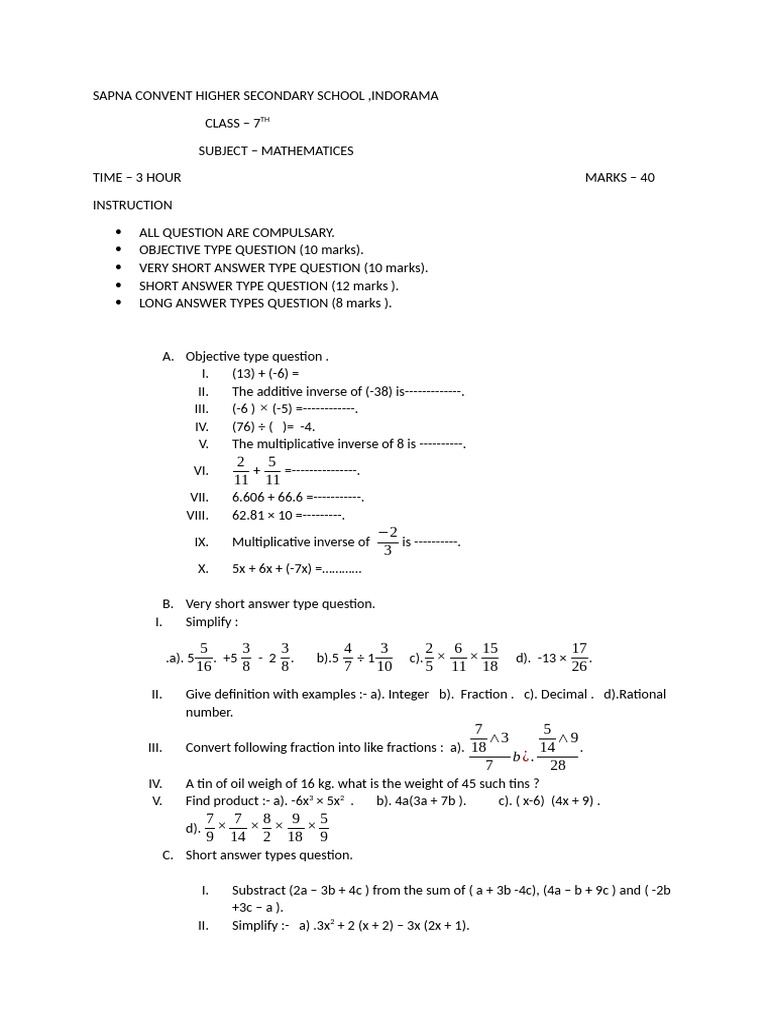 Class - 7th .SAPNA CONVENT HIGHER SECONDARY SCHOOL | PDF | Abstract ...