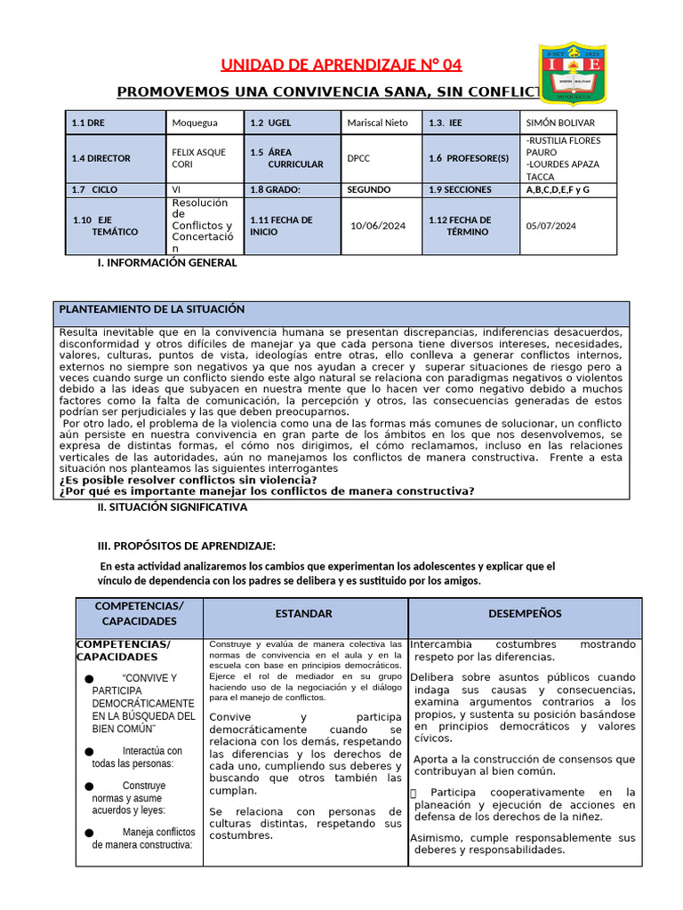 DPCC 2°UNIDAD DE APRENDIZAJE N° 04 Promovemos una convivencia sana y sin conflictos | PDF