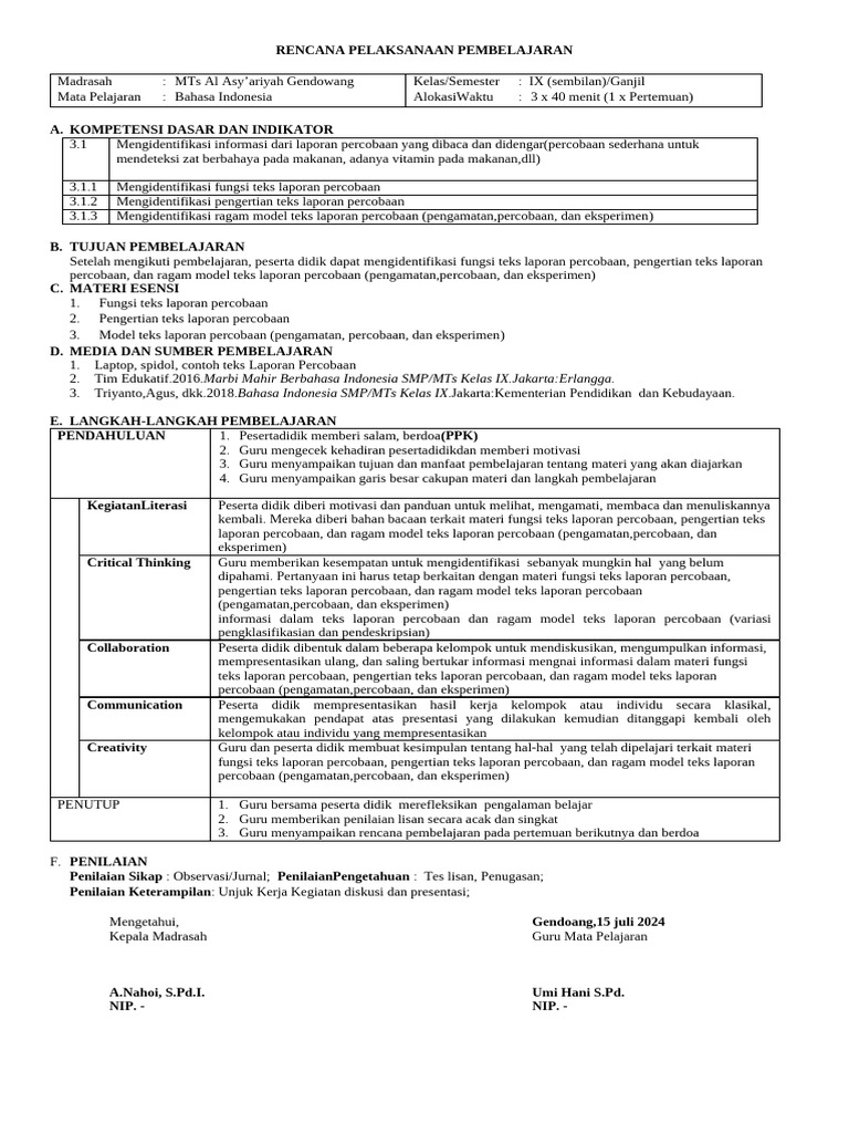 RPP 1 Teks Laporan Percobaan | PDF