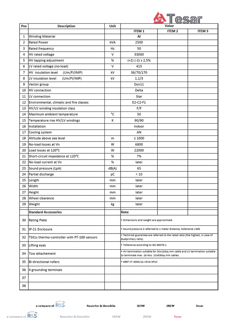 DATA SHEET 2500kVA 33kV | PDF | Insulator (Electricity) | Electronics