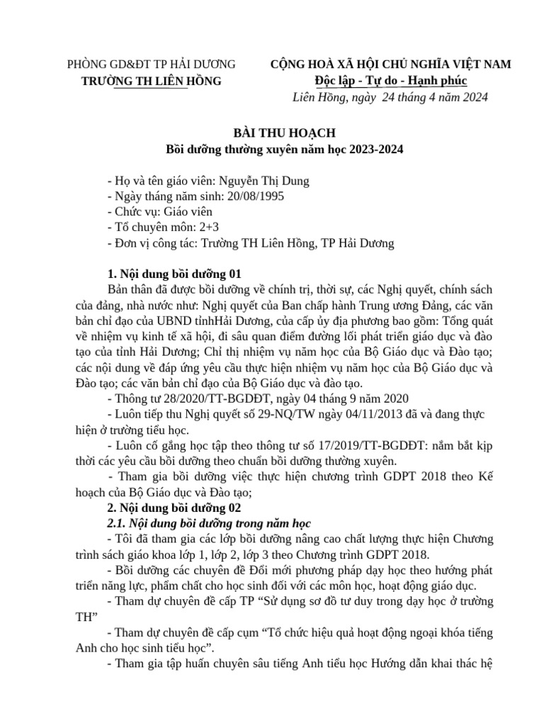 Bài thu hoạch BDTX cả năm (4.2024) | PDF