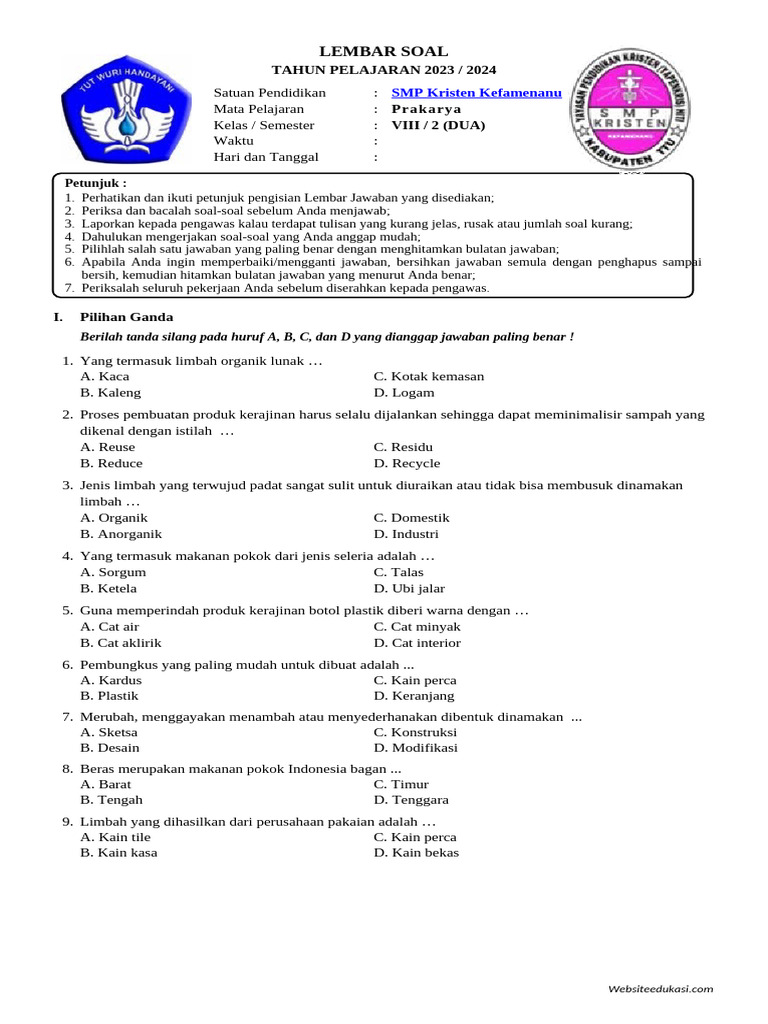 Soal PAS Prakarya Kelas 8 K13 - Welem | PDF