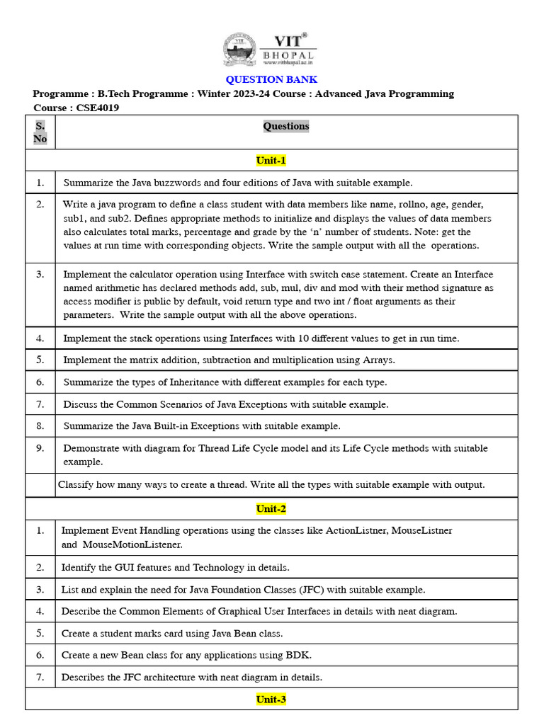 Adv Java Programming - Qs Bank | PDF