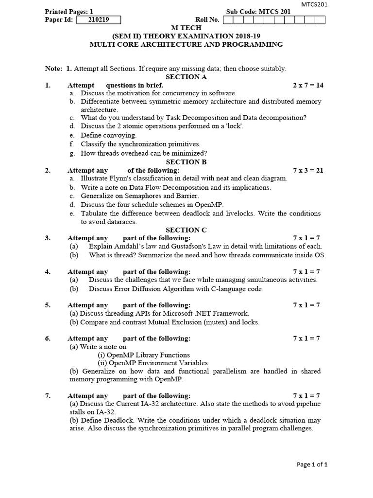 Mtech 2 Sem Multi Core Architecture and Programming Mtcs201 2019 | PDF