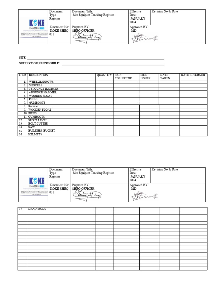Equipment Register - Copy | PDF
