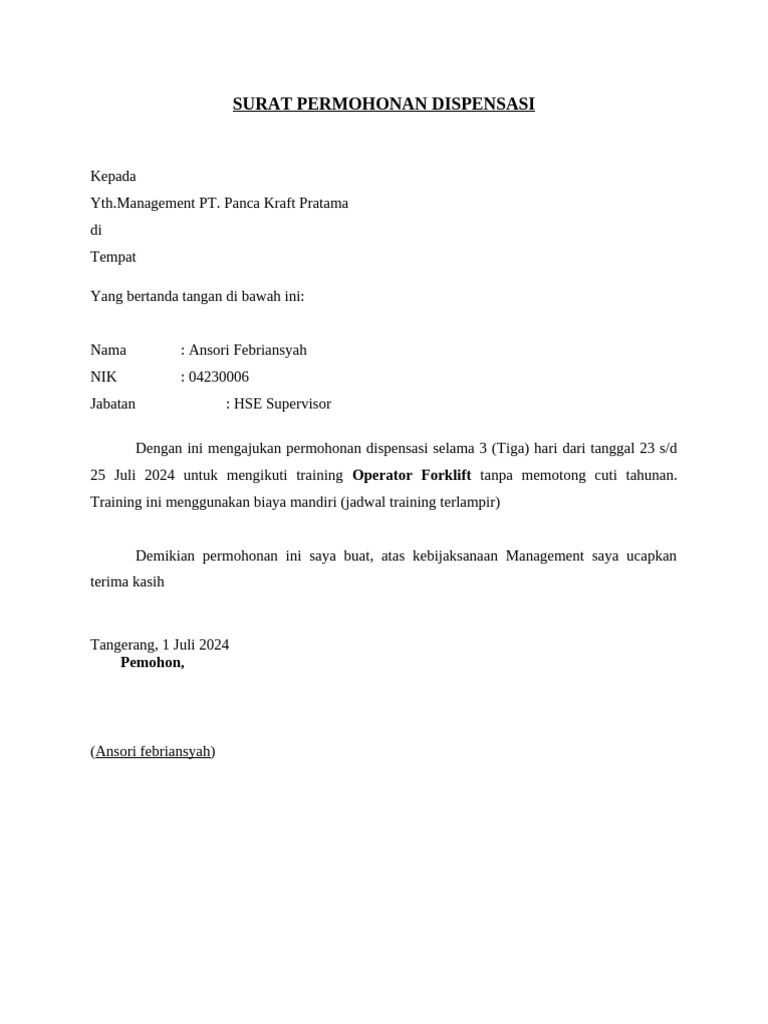 6 Contoh Surat Permohonan Dispensasi Yang Resmi Baik Dan Benar Format Word | PDF