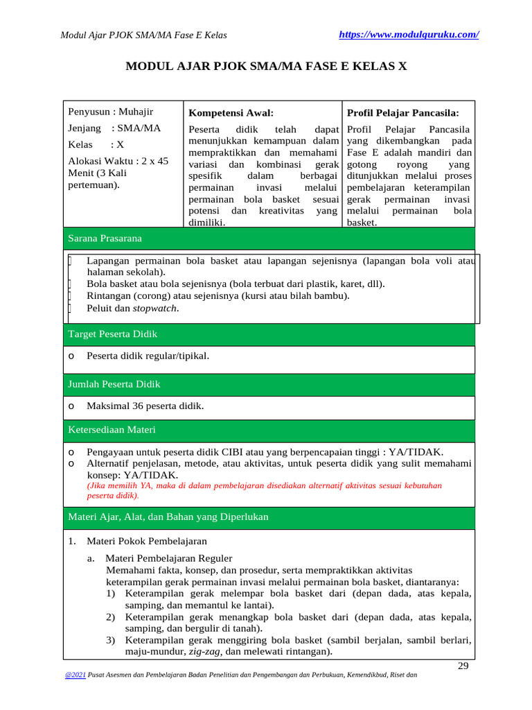 01 Modul Ajar PJOK Permainan Bola Basket Kelas X Sma Fase E | PDF