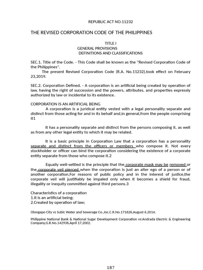 Revised Corporation Code | PDF