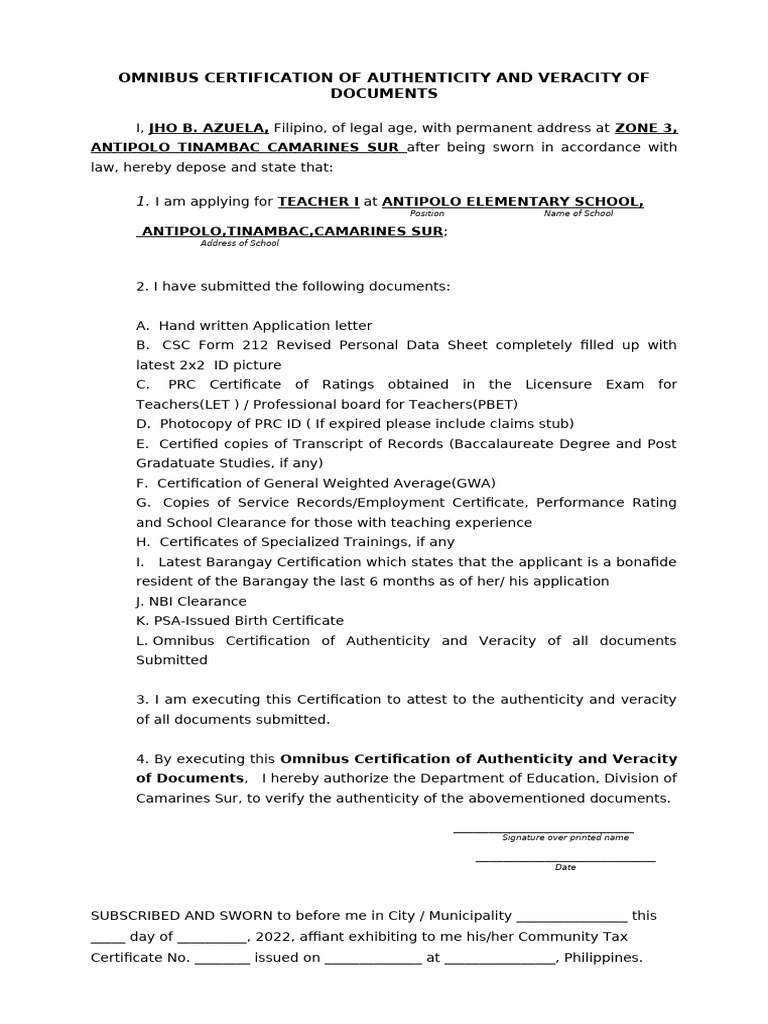 Omnibus Certification of Authenticity and Veracity of Documents v3 | PDF