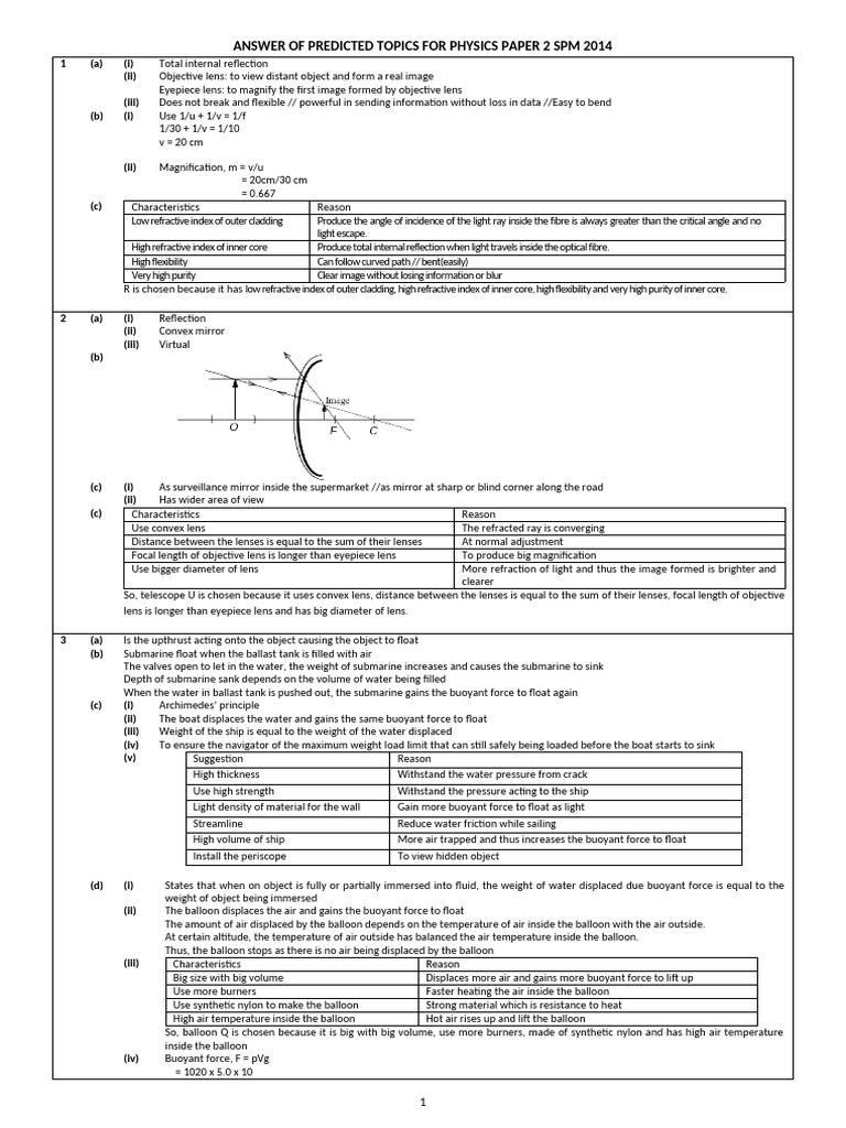 Answer of Predicted Subtopics Physics SPM 2014 | PDF