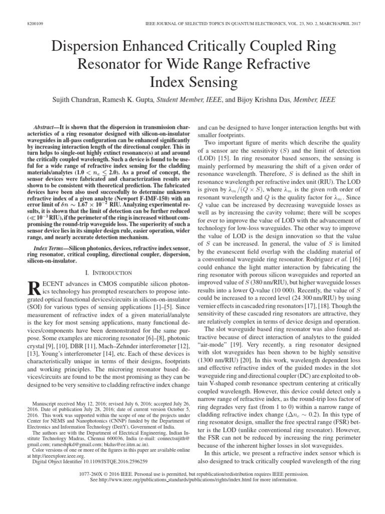 Dispersion Enhanced Critically Coupled Ring Resonator For Wide Range Refractive Index Sensing ...