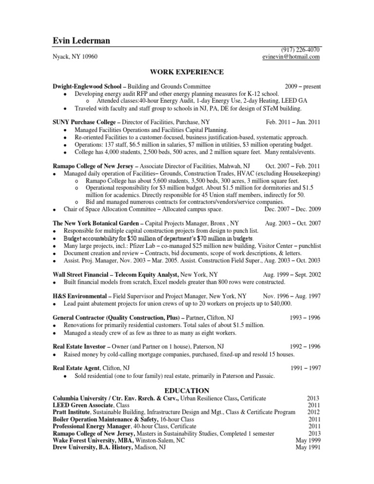Director Facilities Management in NYC NY Resume Evin Lederman | PDF ...