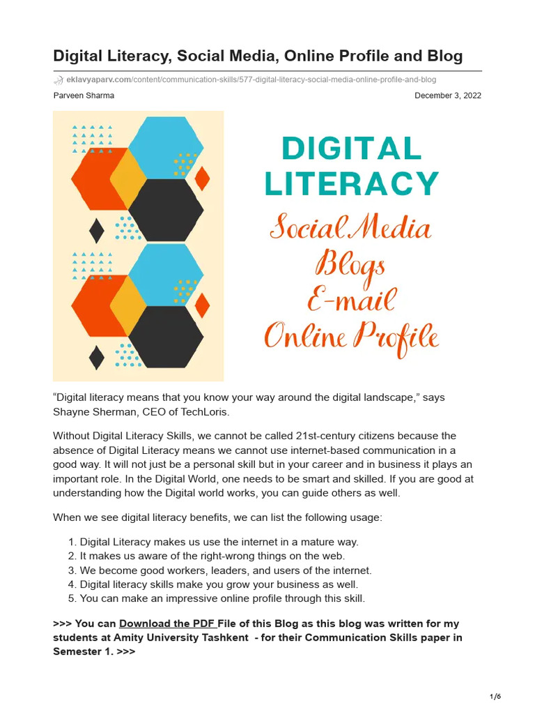 Digital Literacy Social Media Online Profile and Blog | PDF | Social ...