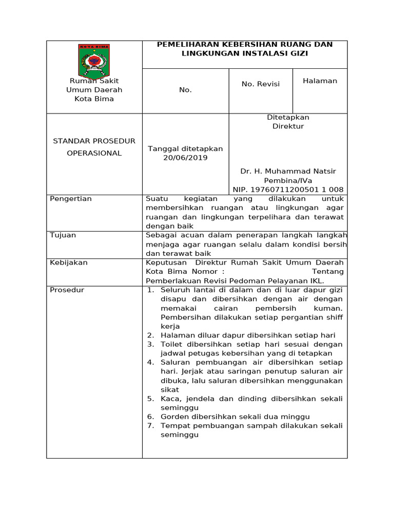 SPO PEMBERSIHAN RUANGAN GIZI (PPI 5b) | PDF