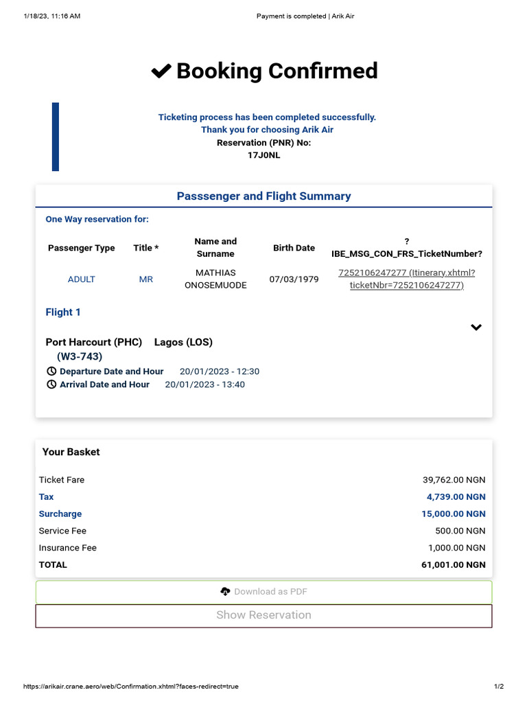 Payment Is Completed - Arik Air | PDF