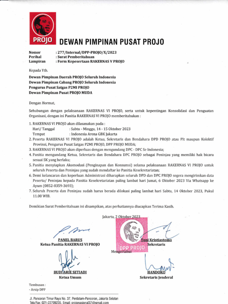 277 Surat Pemberitahuan RAKERNAS VI PROJO - 20231002 - 0001 | PDF