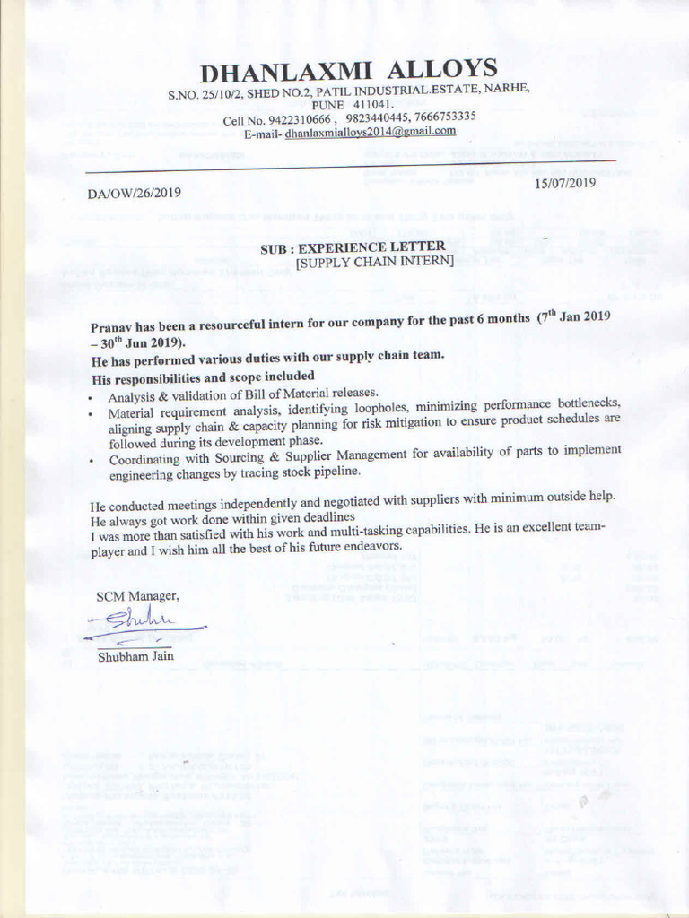 Logistics Intern Experience Letter | PDF