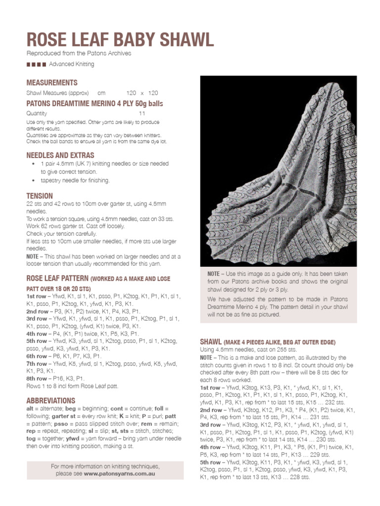 Patons Dreamtime Merino 4ply Rose Leaf Baby Shawl | PDF | Knitting | Fibers