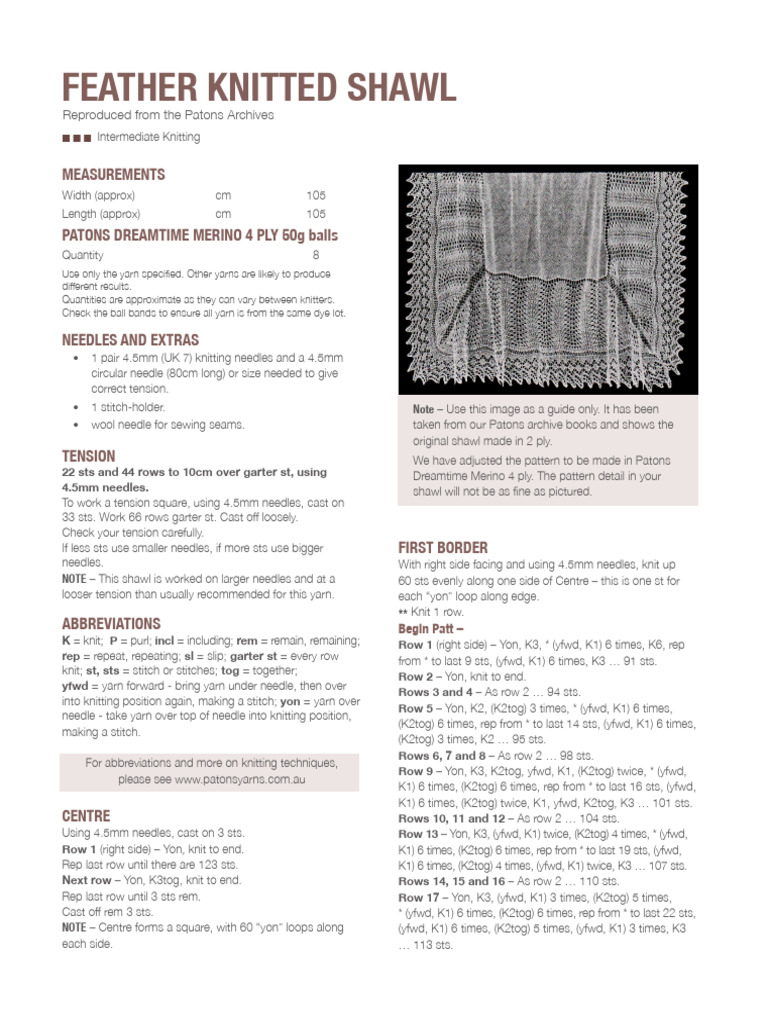 Patons Dreamtime Merino 4ply - Feather Knitted Shawl | PDF | Knitting ...