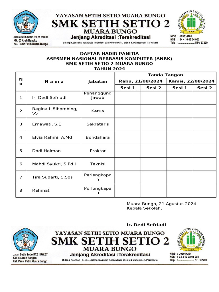 Daftar Hadir Panitia Pengawas Anbk 2024 | PDF