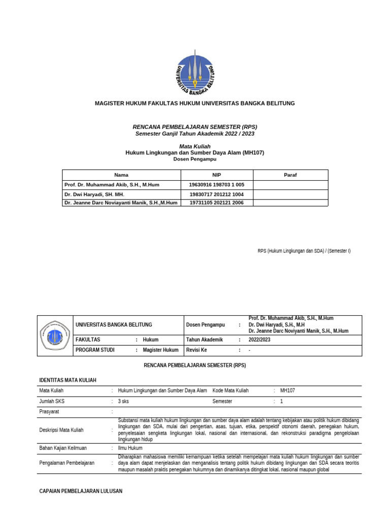 RPS Hukum Lingkungan SDA 2022 | PDF