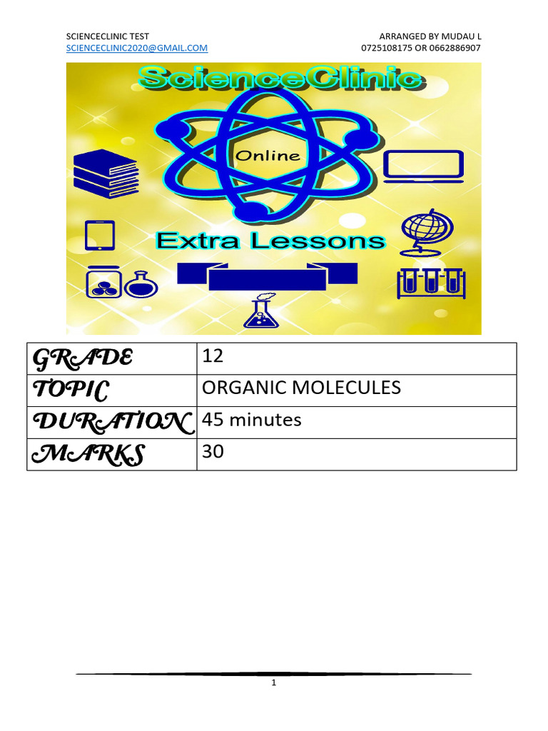 Grade 12 Organic Molecules Test | PDF | Propane | Physical Sciences