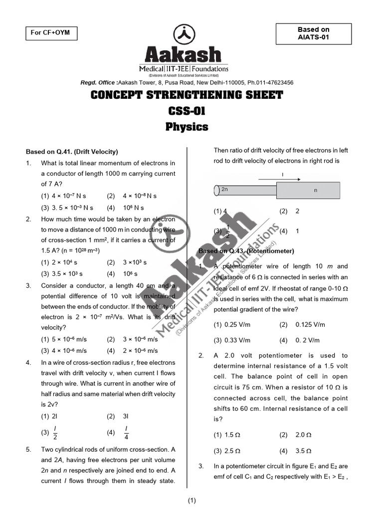 Concept Strengthening Sheet (CSS-01)_Physics | PDF