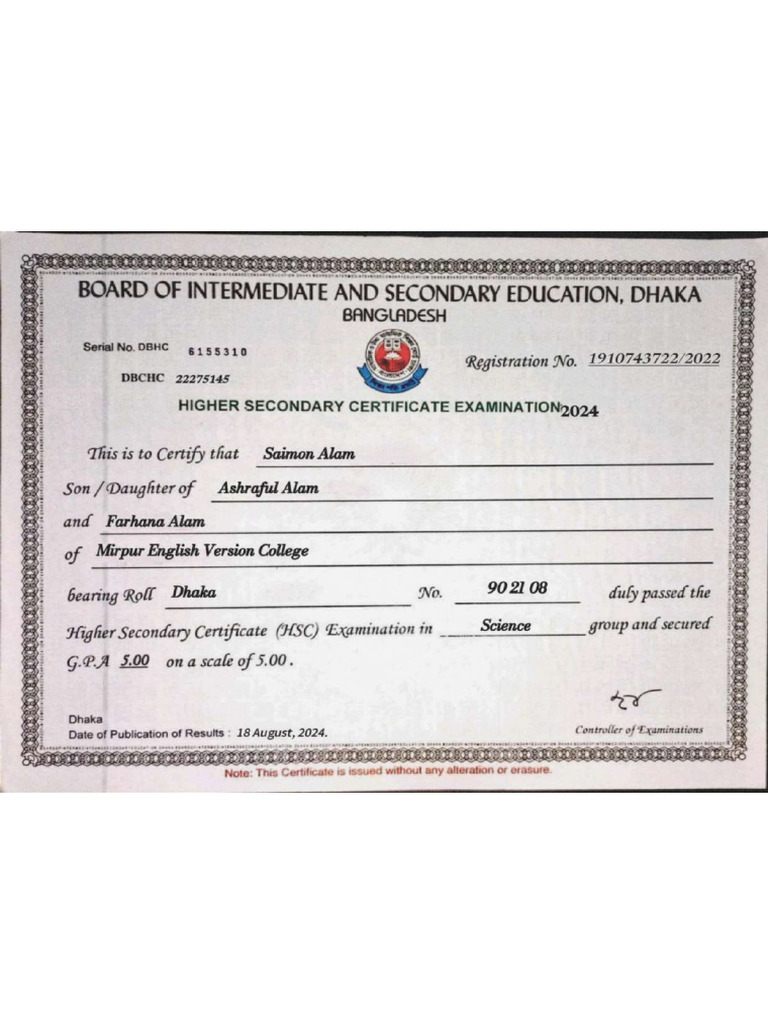 Saimon HSC Certificate 2 old | PDF