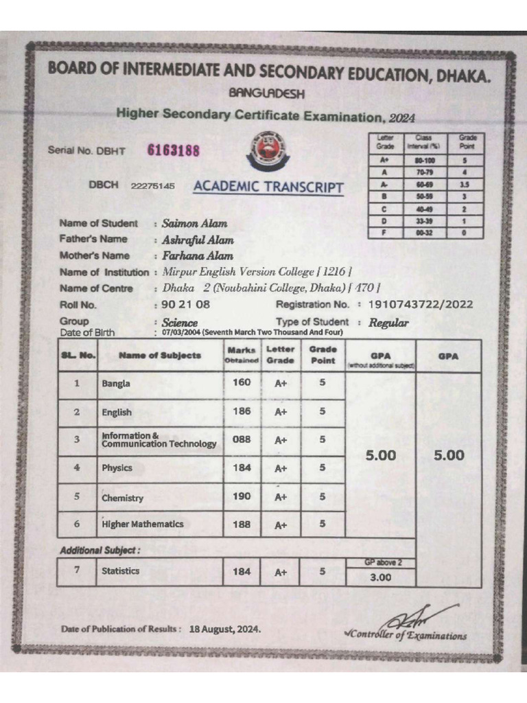 Saimon HSC Transcript Old | PDF